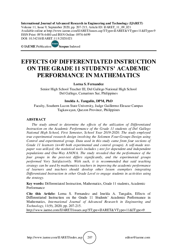(PDF) EFFECTS OF DIFFERENTIATED INSTRUCTION ON THE GRADE 11 STUDENTS’ ACADEMIC PERFORMANCE IN ...