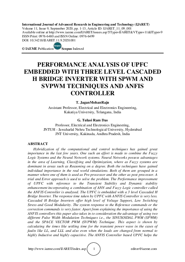 Pdf Performance Analysis Of Upfc Embedded With Three Level Cascaded H Bridge Inverter With
