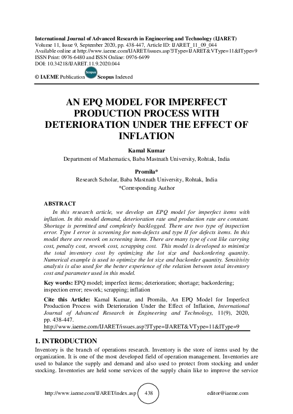 Pdf Article Id Ijaret 11 09 044 Cite This Article Kamal Kumar And Promila An Epq Model For