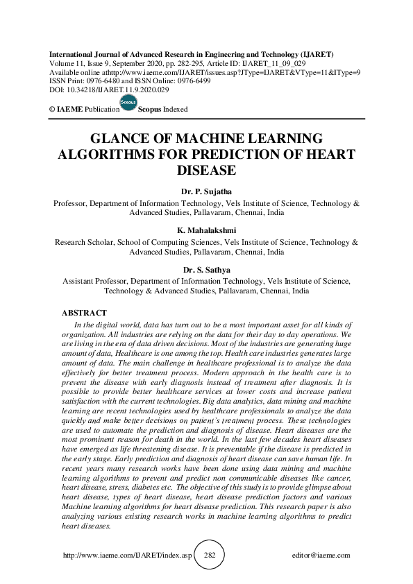 (PDF) Glance of Machine Learning Algorithms for Prediction of Heart Disease