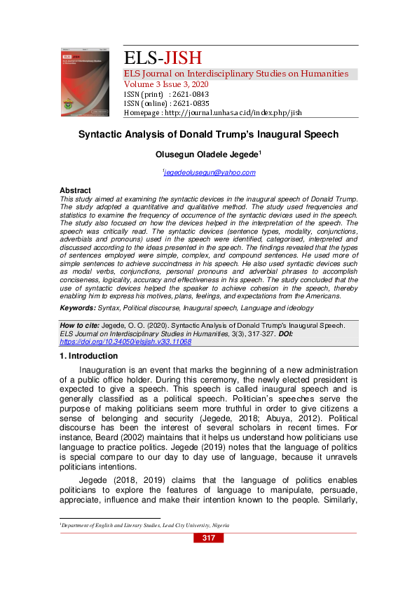 (PDF) Syntactic Analysis of Donald Trump’s Inaugural Speech