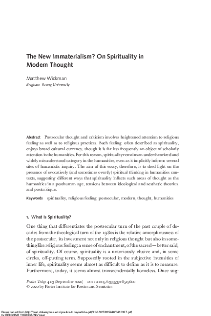 (PDF) The New Immaterialism? On Spirituality in Modern Thought