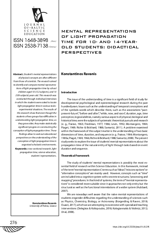 (PDF) Ravanis, K. (2019). Mental representations of light propagation time for 10- and 14-year ...