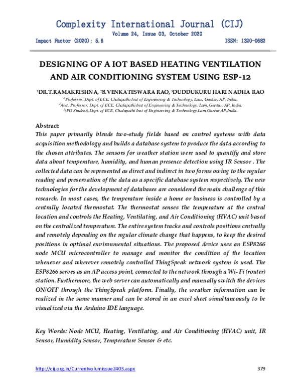 Pdf Designing Of A Iot Based Heating Ventilation And Air Conditioning System Using Esp 12