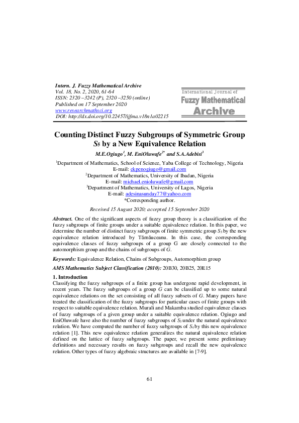 (PDF) Counting Distinct Fuzzy Subgroups of Symmetric Group S5 by a New Equivalence Relation