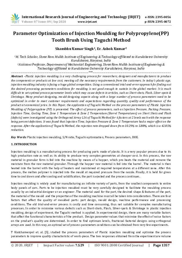 Pdf Irjet Parameter Optimization Of Injection Moulding For Polypropylene Pp Tooth Brush