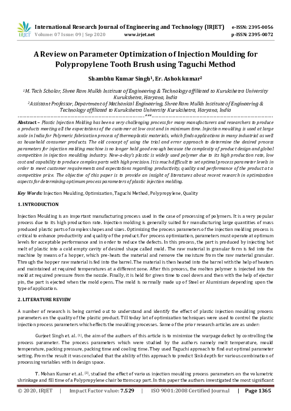 Pdf Irjet A Review On Parameter Optimization Of Injection Moulding For Polypropylene Tooth