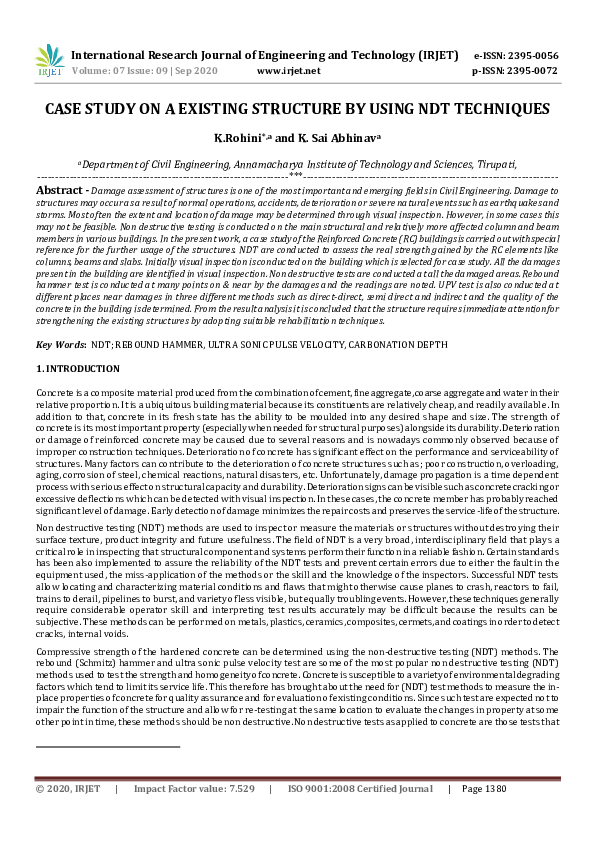 (PDF) IRJET- CASE STUDY ON A EXISTING STRUCTURE BY USING NDT TECHNIQUES