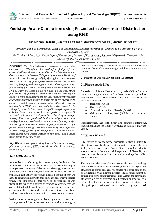 (PDF) IRJET- Footstep Power Generation using Piezoelectric Sensor and Distribution using RFID