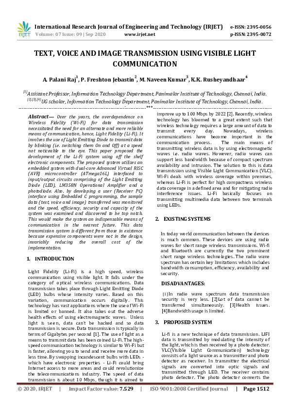 (PDF) IRJET- TEXT, VOICE AND IMAGE TRANSMISSION USING VISIBLE LIGHT ...