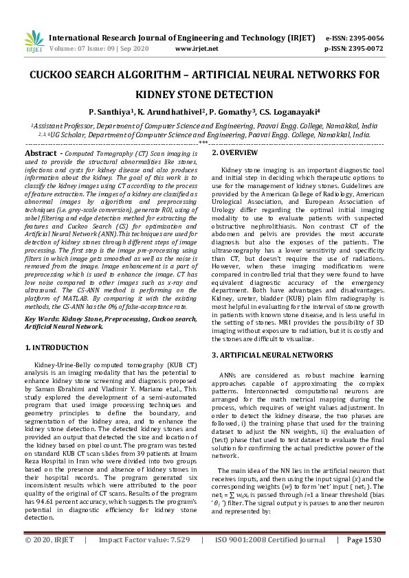 (PDF) IRJET- CUCKOO SEARCH ALGORITHM -ARTIFICIAL NEURAL NETWORKS FOR KIDNEY STONE DETECTION