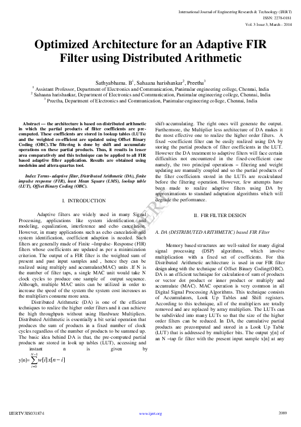 Pdf Optimized Fir Filter Using Distributed Arithmetic Architecture Innovative Research 9094