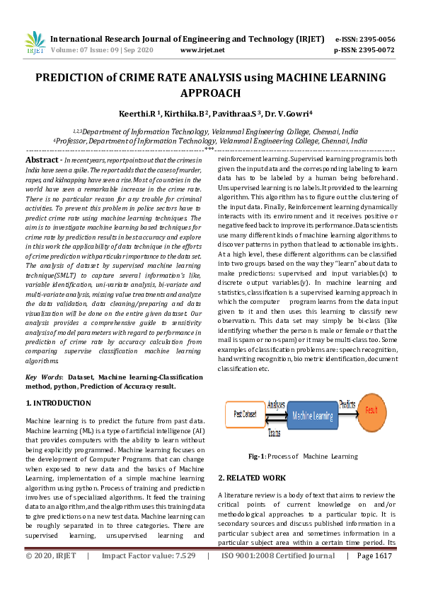 Pdf Irjet Prediction Of Crime Rate Analysis Using Machine Learning Approach
