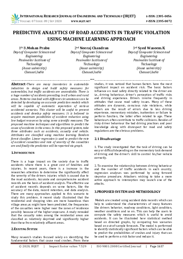 (PDF) IRJET- PREDICTIVE ANALYTICS OF ROAD ACCIDENTS IN TRAFFIC ...