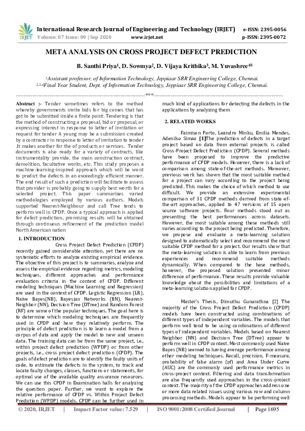 (PDF) IRJET- META ANALYSIS ON CROSS PROJECT DEFECT PREDICTION