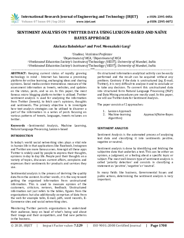 Pdf Irjet Sentiment Analysis On Twitter Data Using Lexicon Based And NaÏve Bayes Approach