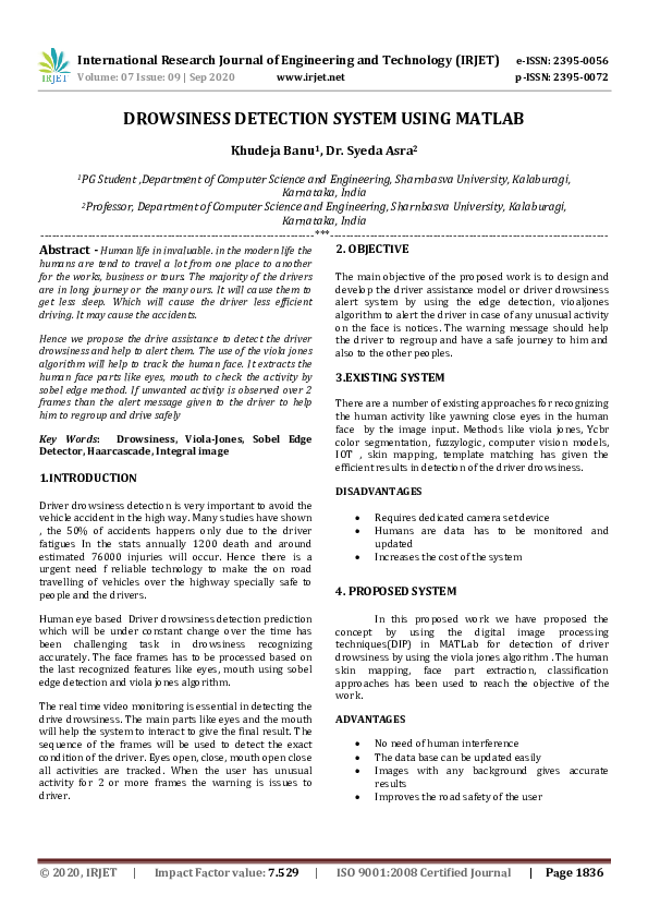 Pdf Irjet Drowsiness Detection System Using Matlab Irjet Journal