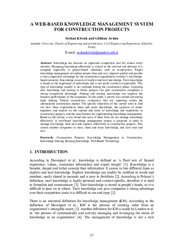 (PDF) A WEB-BASED KNOWLEDGE MANAGEMENT SYSTEM FOR CONSTRUCTION PROJECTS
