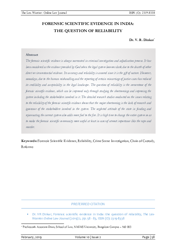 (PDF) FORENSIC SCIENTIFIC EVIDENCE IN INDIA: THE QUESTION OF RELIABILITY