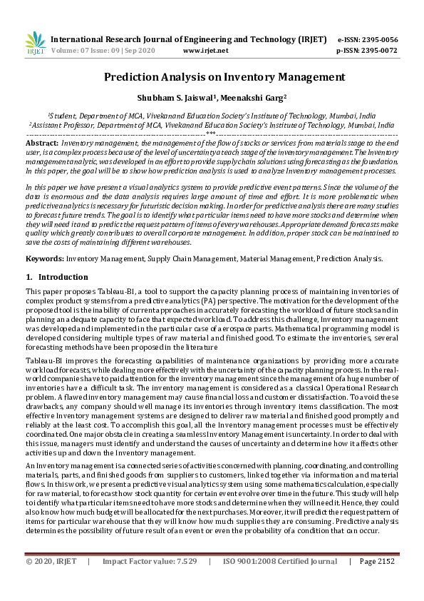 (PDF) IRJET- Prediction Analysis on Inventory Management