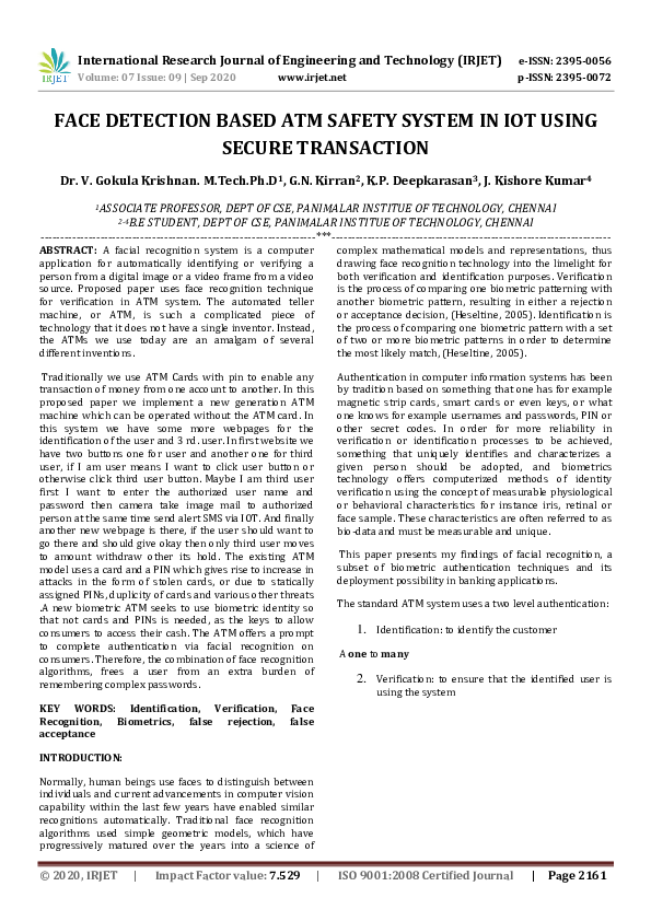 (PDF) IRJET- FACE DETECTION BASED ATM SAFETY SYSTEM IN IOT USING SECURE TRANSACTION