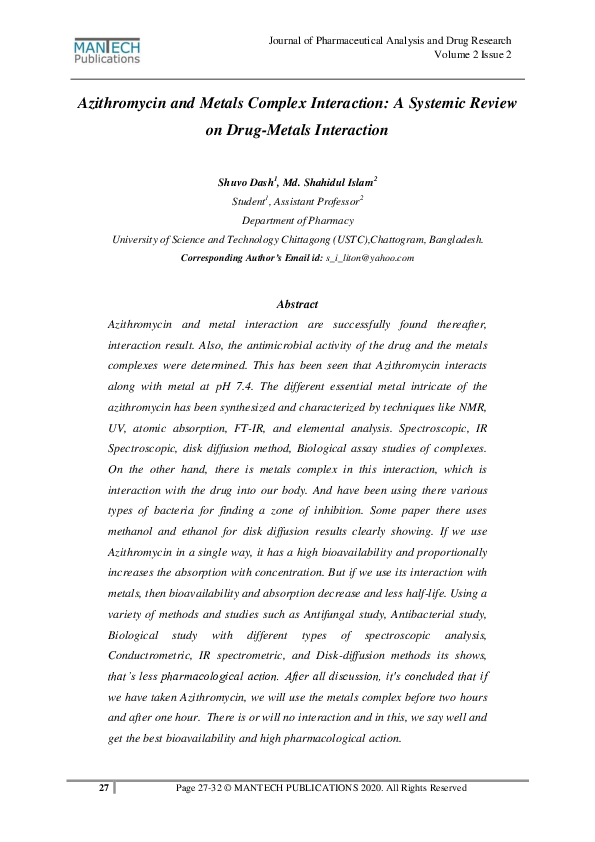 Pdf Azithromycin And Metals Complex Interaction A Systemic Review On Drug Metals Interaction