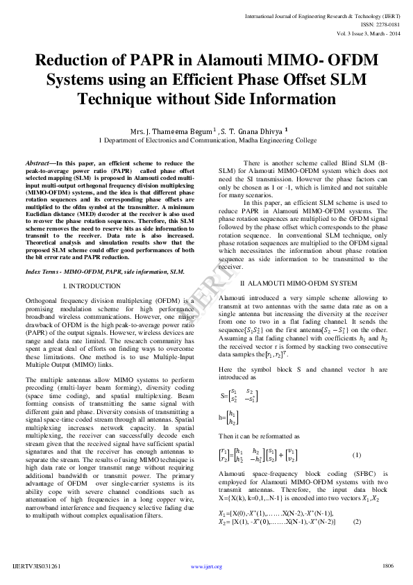 (PDF) IJERT-Reduction of PAPR in Alamouti MIMO- OFDM Systems using an Efficient Phase Offset SLM ...