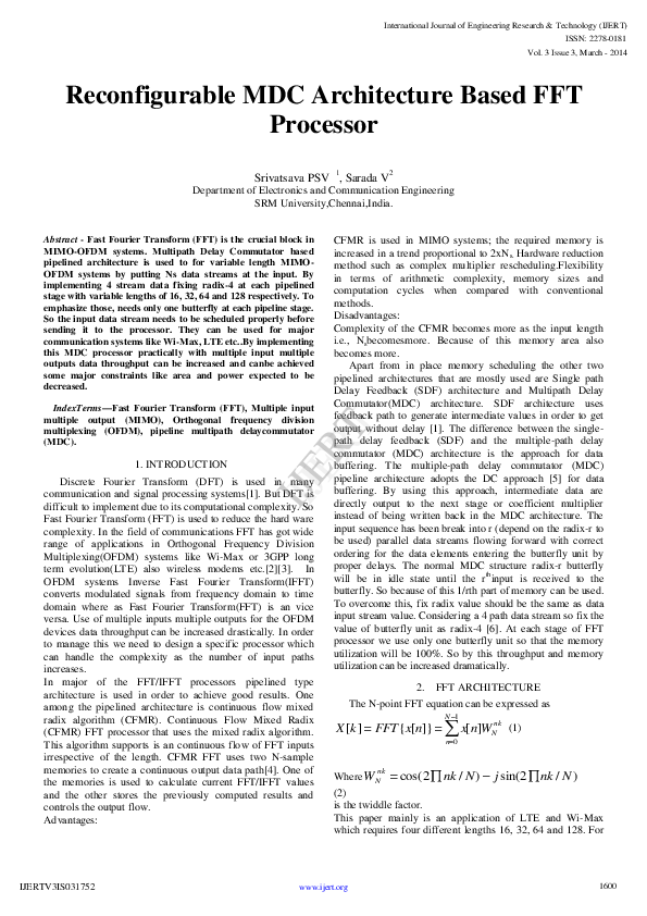 Pdf Ijert Reconfigurable Mdc Architecture Based Fft Processor Ijert Journal 