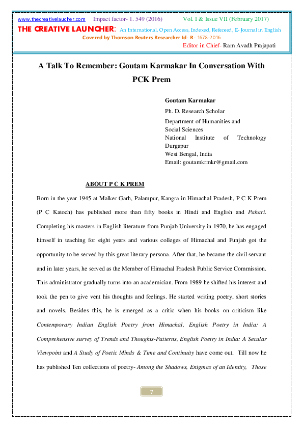 (PDF) A Talk To Remember: Goutam K armakar In Conversation With PCK Prem