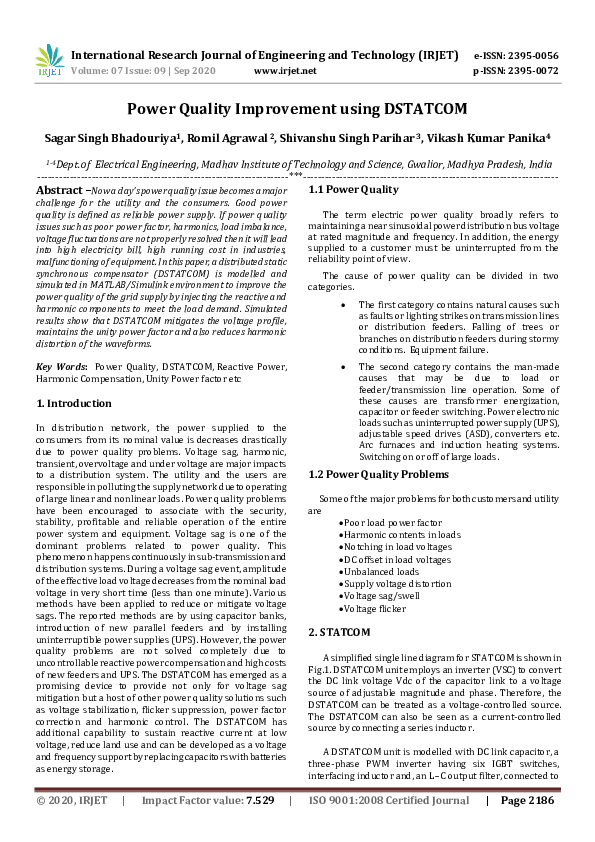 (PDF) IRJET- Power Quality Improvement using DSTATCOM
