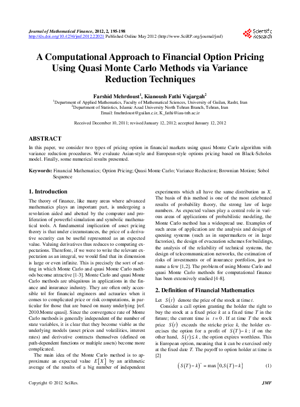 (PDF) A Computational Approach to Financial Option Pricing Using Quasi Monte Carlo Methods via ...