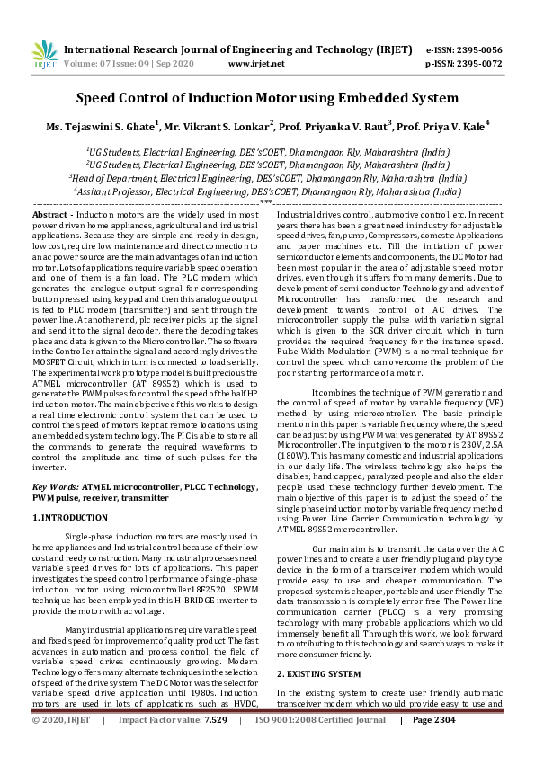 Pdf Irjet Speed Control Of Induction Motor Using Embedded System