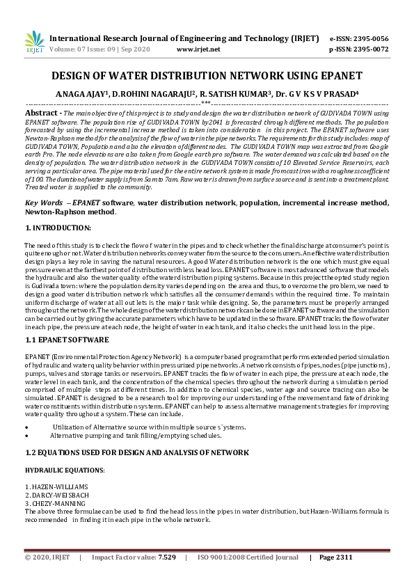 (PDF) IRJET- DESIGN OF WATER DISTRIBUTION NETWORK USING EPANET