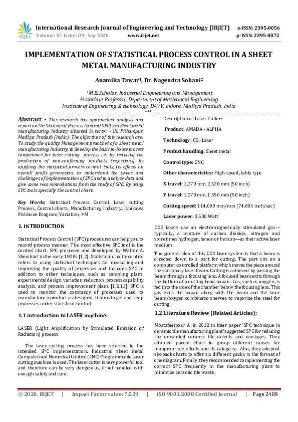 (PDF) IRJET- IMPLEMENTATION OF STATISTICAL PROCESS CONTROL IN A SHEET ...