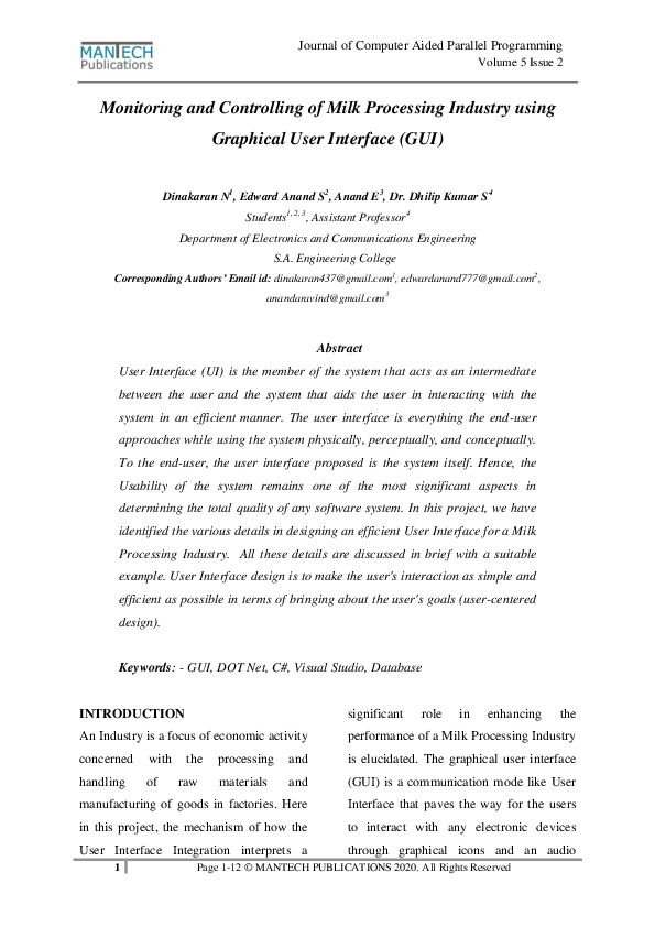 (PDF) Monitoring and Controlling of Milk Processing Industry using Graphical User Interface (GUI