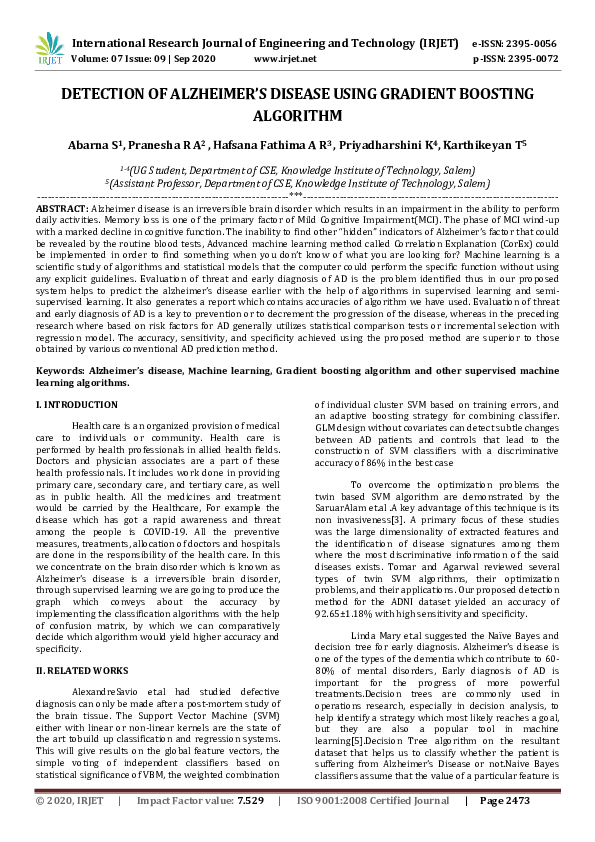(PDF) IRJET- DETECTION OF ALZHEIMER'S DISEASE USING GRADIENT BOOSTING ALGORITHM