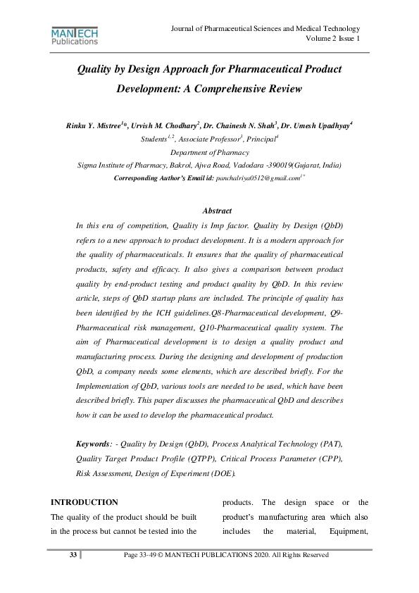 (PDF) Quality by Design Approach for Pharmaceutical Product Development: A Comprehensive Review