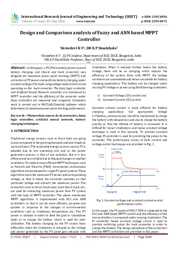 Pdf Irjet Design And Comparison Analysis Of Fuzzy And Ann Based Mppt