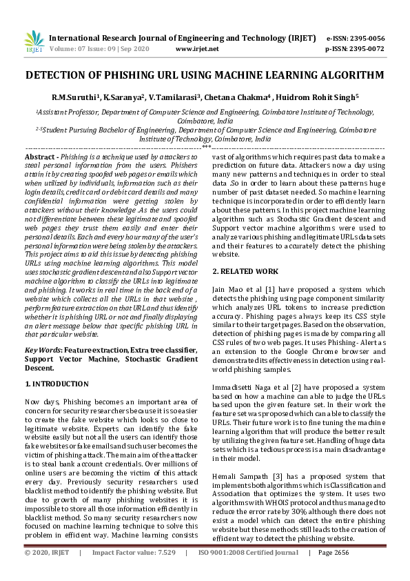 (PDF) IRJET- DETECTION OF PHISHING URL USING MACHINE LEARNING ALGORITHM