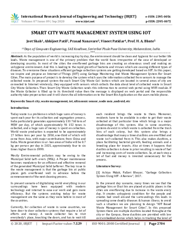 (PDF) IRJET- SMART CITY WASTE MANAGEMENT SYSTEM USING IOT