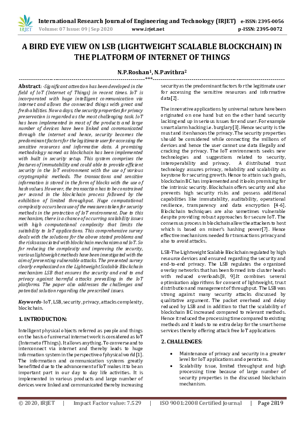 (PDF) IRJET- A BIRD EYE VIEW ON LSB (LIGHTWEIGHT SCALABLE BLOCKCHAIN) IN THE PLATFORM OF ...