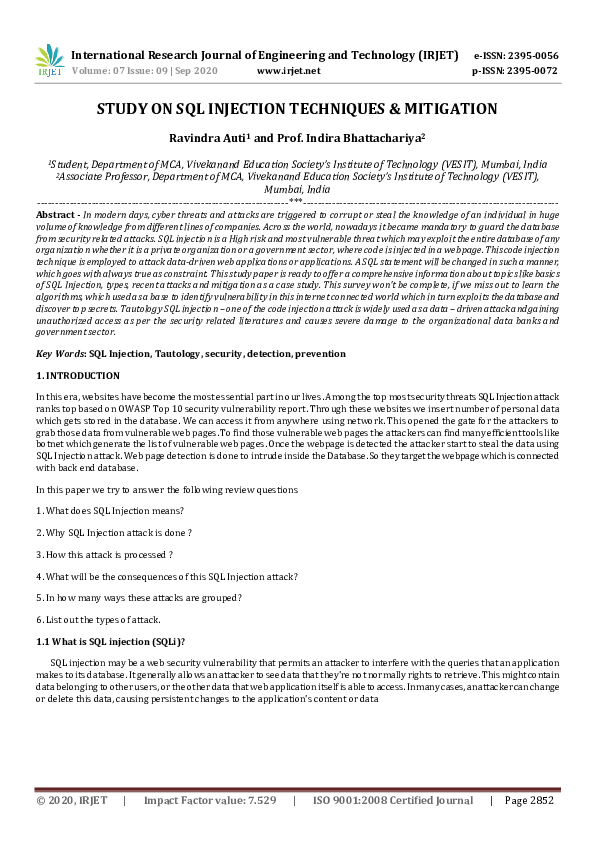 (PDF) IRJET- STUDY ON SQL INJECTION TECHNIQUES & MITIGATION (PDF) IRJET- STUDY ON SQL INJECTION TECHNIQUES & MITIGATION