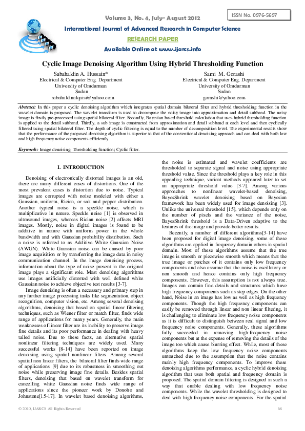 Pdf Cyclic Image Denoising Algorithm Using Hybrid Thresholding Function Sabahaldin A B D U L