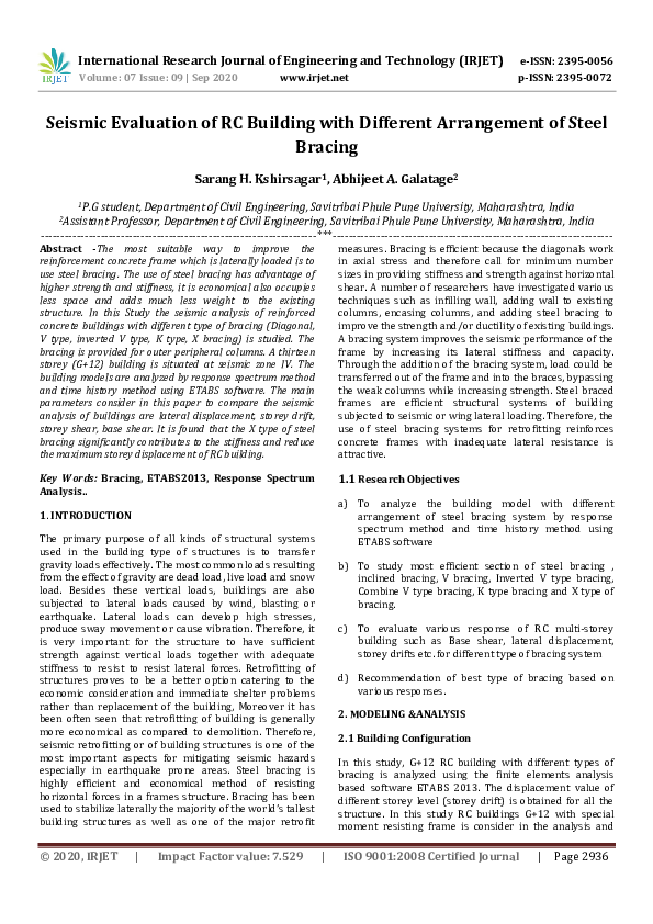 Pdf Irjet Seismic Evaluation Of Rc Building With Different Arrangement Of Steel Bracing