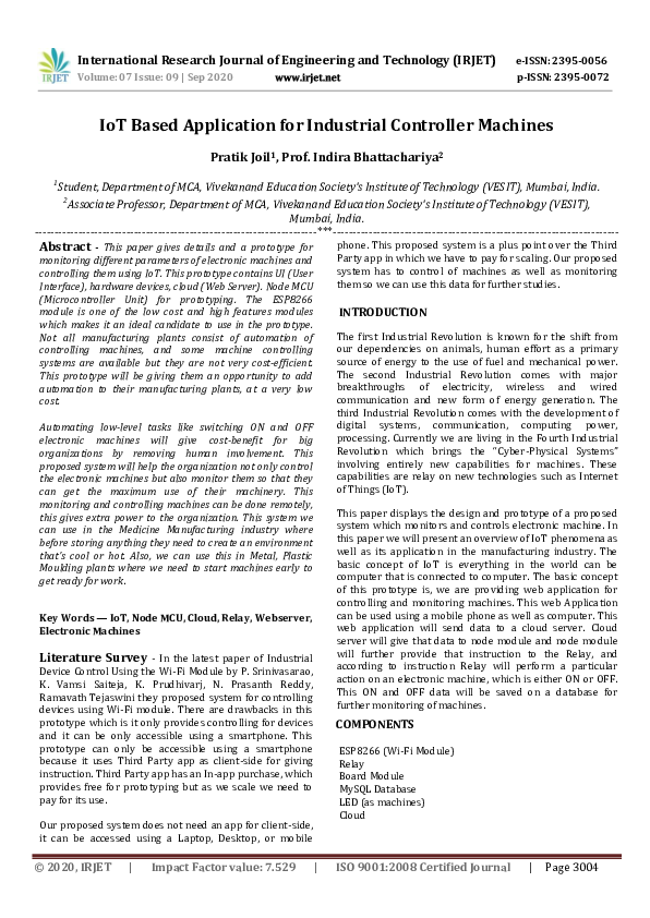 (PDF) IRJET- IoT Based Application for Industrial Controller Machines