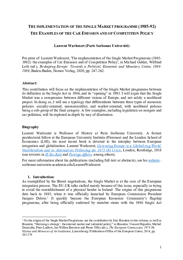 (PDF) The implementation of the Single Market Programme (1985-1992 ...