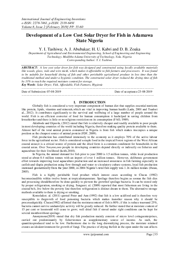 (PDF) Development of a Low Cost Solar Dryer for Fish in Adamawa State Nigeria