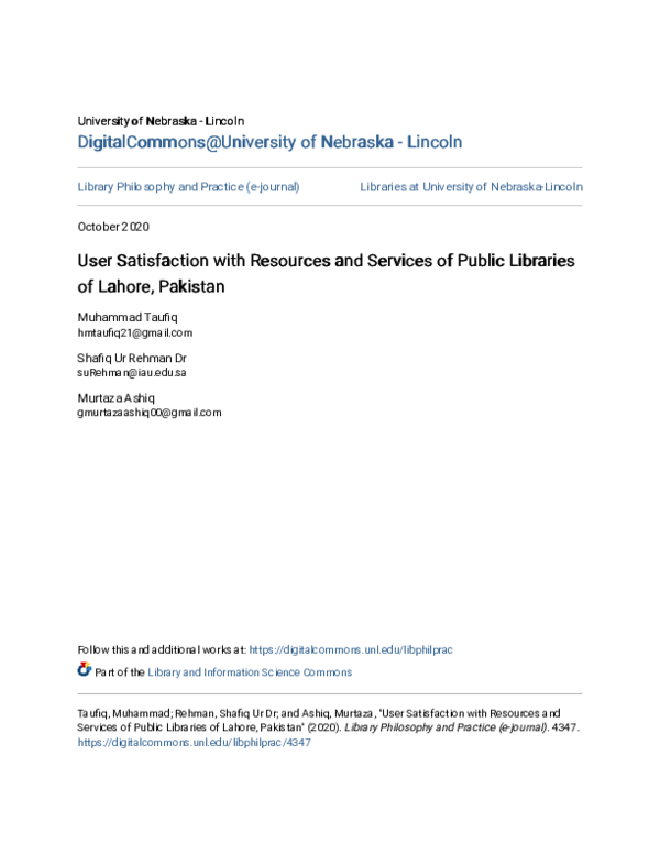 (PDF) User Satisfaction with Resources and Services of Public Libraries User Satisfaction with ...