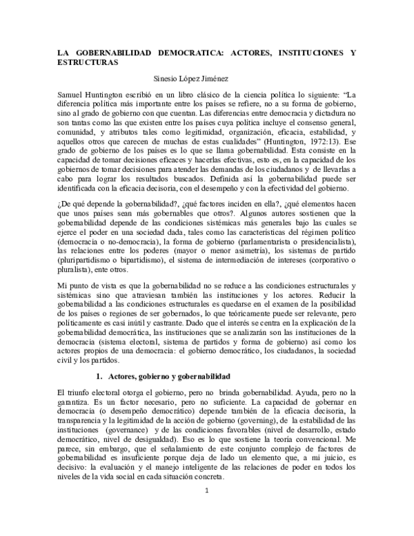 (DOC) LA GOBERNABILIDAD DEMOCRATICA: ACTORES, INSTITUCIONES Y ESTRUCTURAS