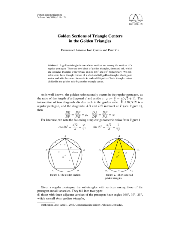 (PDF) Golden Sections of Triangle Centers in the Golden Triangles
